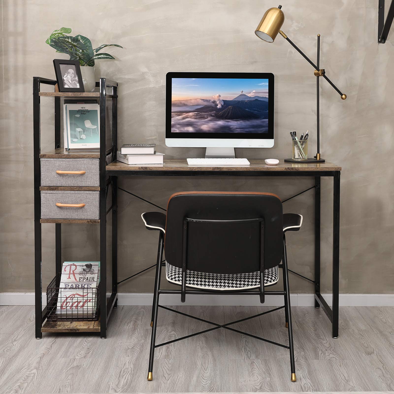 X-cosrack Computer Desk with Shelves Drawer, 53" Reversible Home Office Study Writing Table with Storage Bookshelf, Laptop Notebook PC Coner Desk, Rustic Industrial Style, Vintage Brown