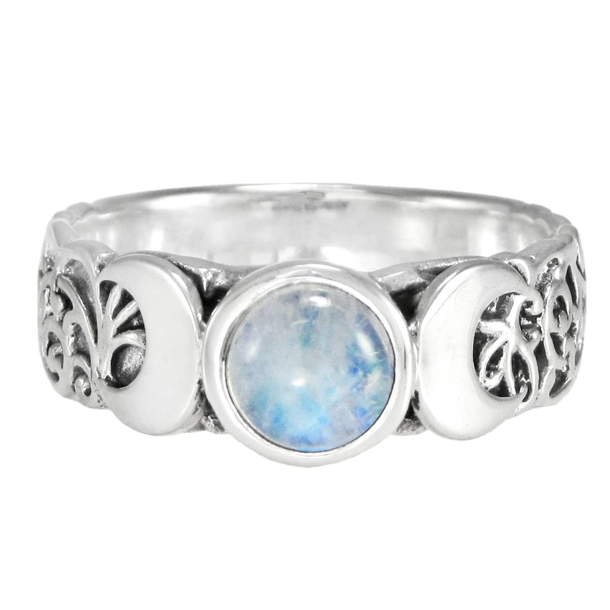 Sterling Silver Triple Crescent Moon Goddess Ring with Rainbow Moonstone Size 8.5