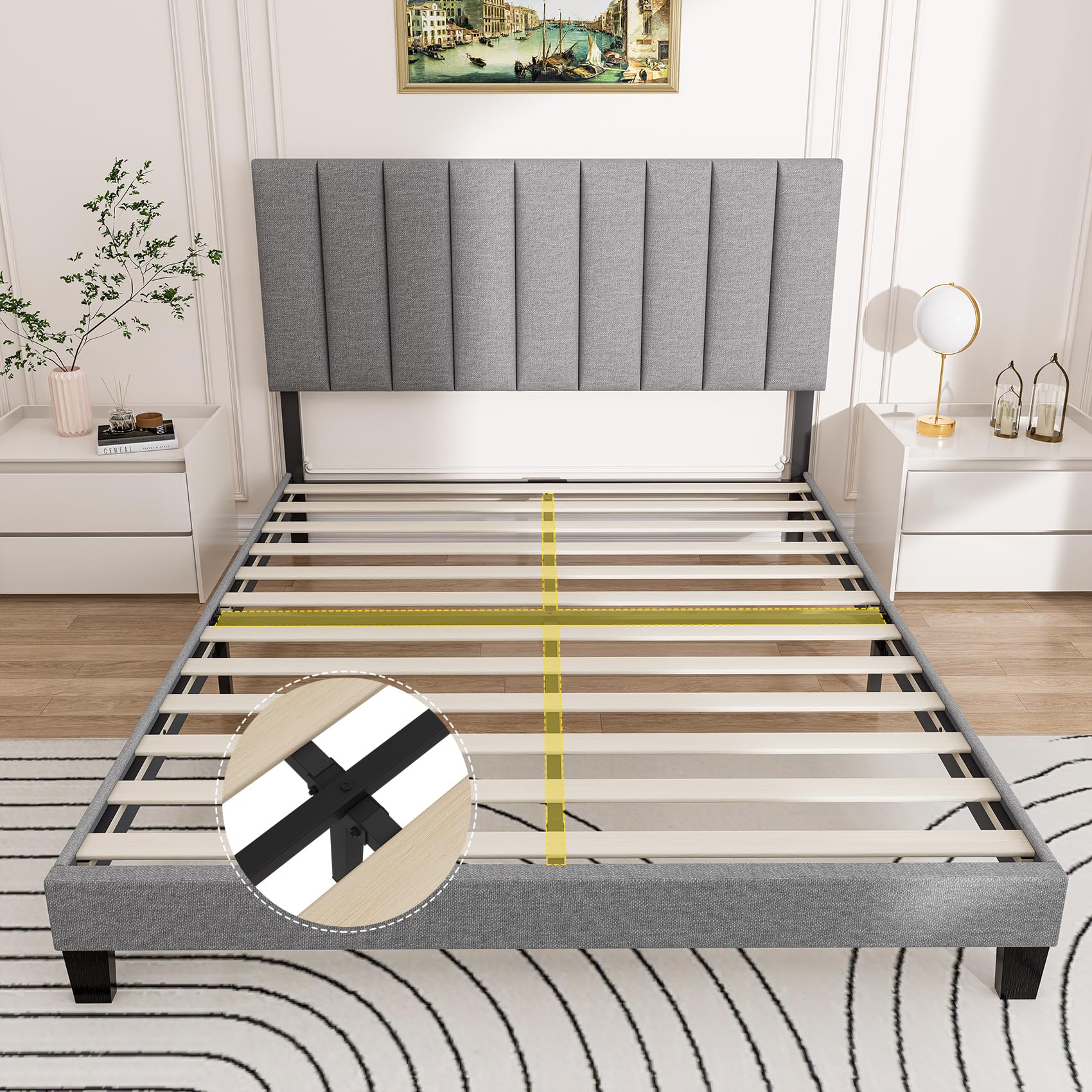 VERSAINSECT ze Bed Frame with Adjustable Headboard, Vertical Channel Tufted Linen Fabric, Wooden Slats Support, Mattress Foundation/Noise Free/No Box Spring Required/Easy Assembly