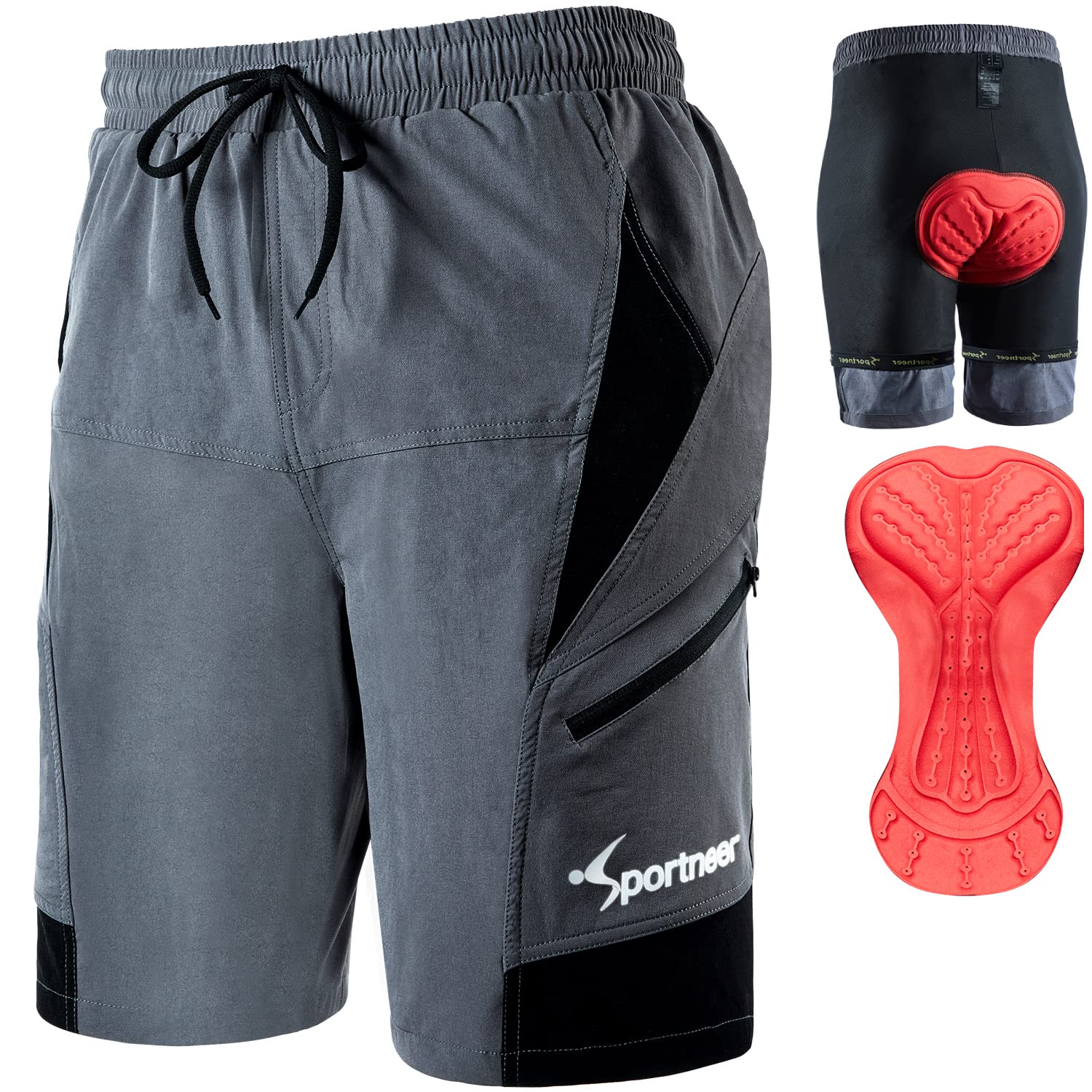Sportneer Mens Mountain Bike Shorts - 3D Padding MTB Cycling Shorts for Men with Liner and Loose Fit (Medium, Grey)