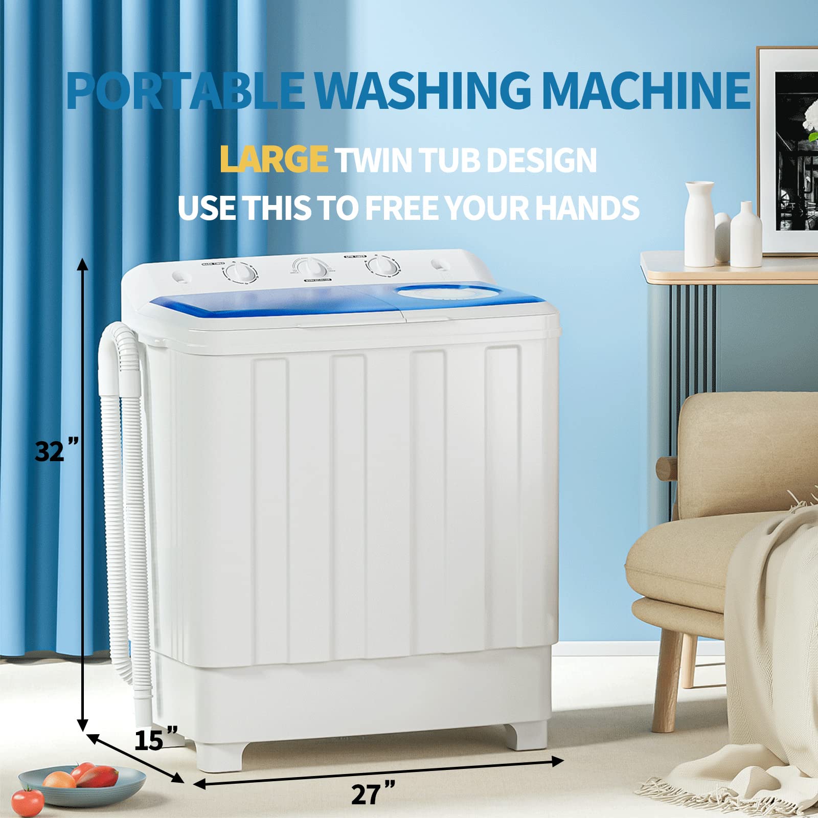 VCJ Portable Washing Machine, Twin Tub Washing Machine Laundry Compact Washer spinner Combo with 28lbs capacity, 18Lbs Washer and 10Lbs Spinner dryer for Apartments RVs and Dorms