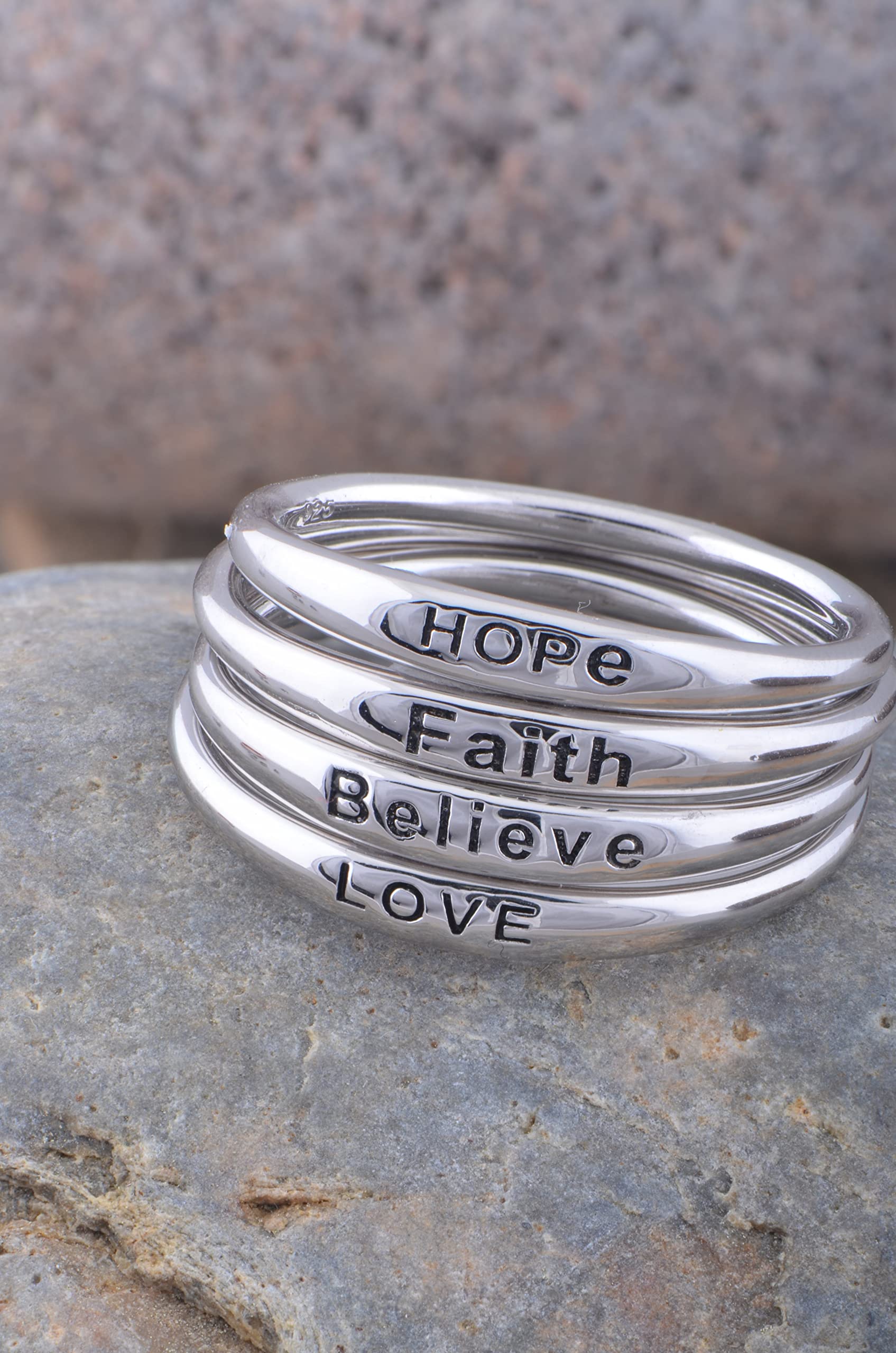 SILVERCLOSEOUT Rhodium Plated Sterling Silver Womens Thin Stackable Believe Inspiriational Word Ring - Size 7