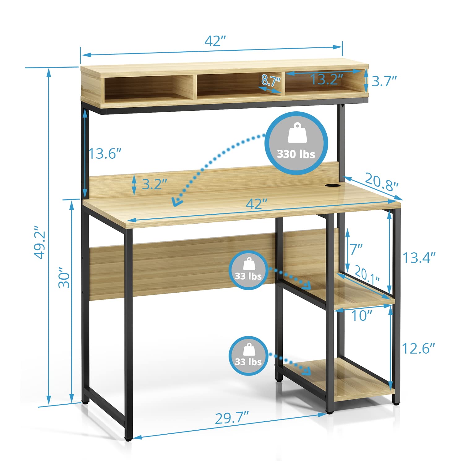 VIPEK Computer Desk 42 Inch Study Writing Desk PC Laptop Table for Home Office, School Student Desk with Hutch & Storage Shelves, Corner Table for Small Space Bedroom, Easy Assemble, Oak