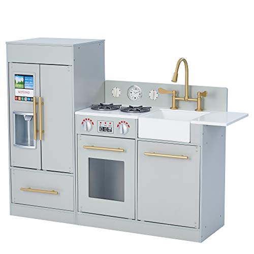 Teamson Kids Little Chef Charlotte Modern Modular Interactive Wooden Play Kitchen with Refrigerator, Stove and Sink in Gray with Gold Accents