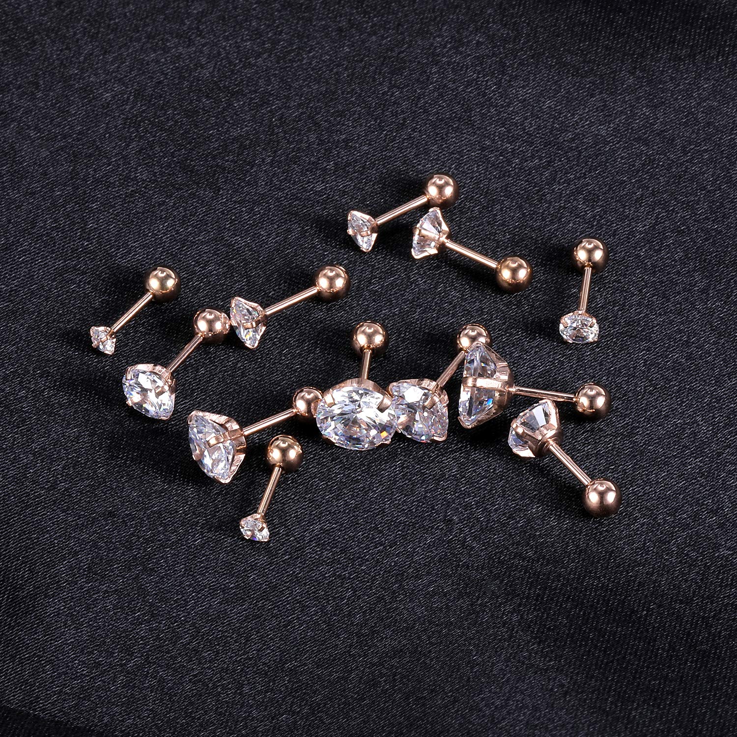 ZS 6 Pairs Shiny Round Cubic Zirconia Surgical Steel Stud Earrings Tragus Helix Conch Piercing Cartilage Sets (6 Pairs.3-8mm Cubic(Rose-gold,Ball Back))