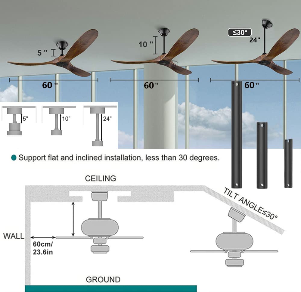 XCWIIE 60 Inch Ceiling Fan Without Lights, Outdoor Ceiling Fan For Patios Waterproof, 3 Blade Ceiling Fan With Remote Control, Indoor Outdoor Ceiling Fan With Reversible Dc Quiet Energy Saving Motor