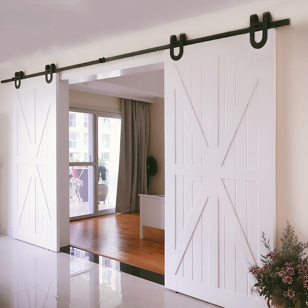 WINSOON Black Sliding Barn Door Hardware Roller Kit Set Antique Horseshoe Double Hanger Rollers Compatible with 1 3/8-1 3/4" Door Panel
