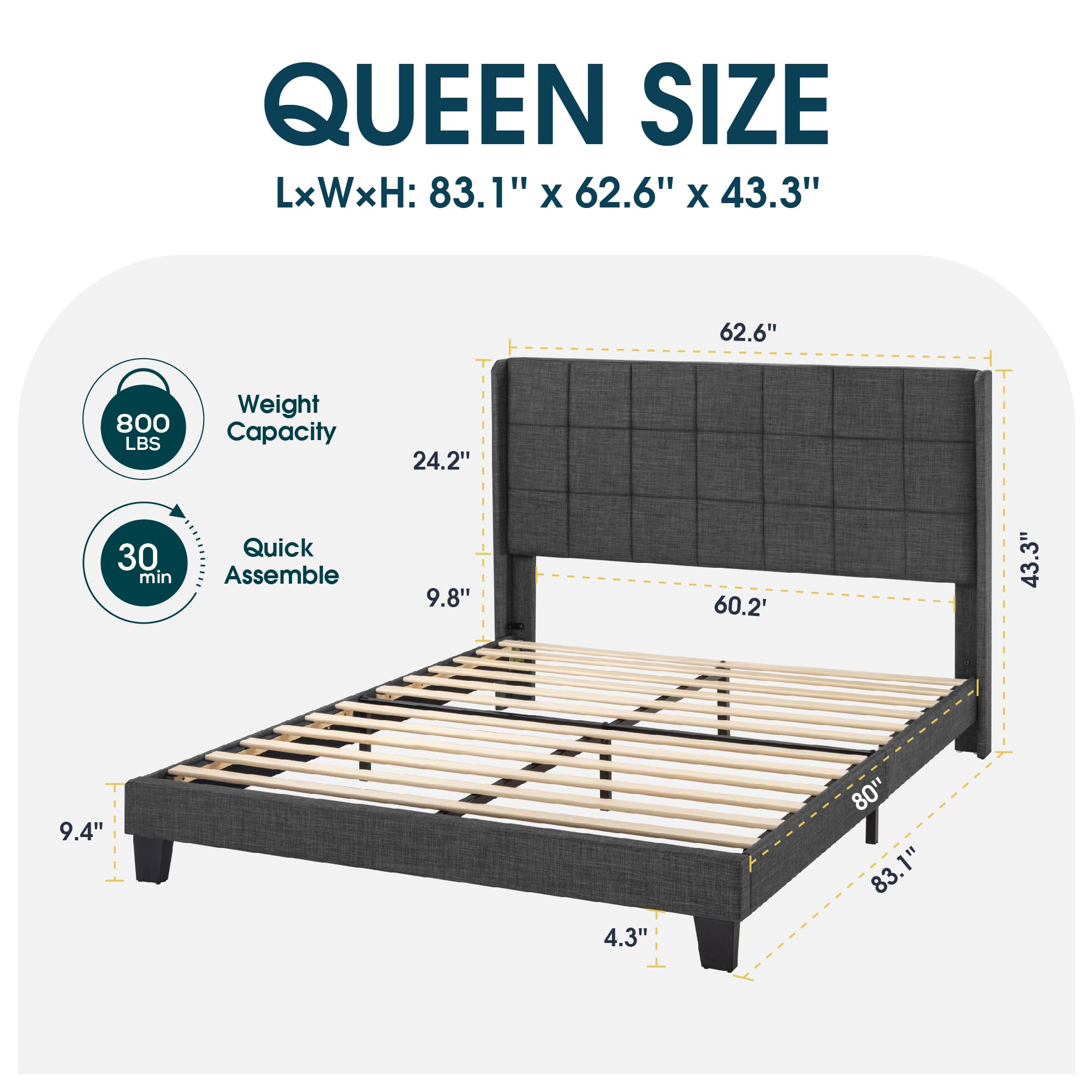 WEEWAY Queen Size Wingback Upholstered Platform Bed Frame, Box-tufted Headboard, Wooden Slats, No Box Spring Needed, Easy Assembly, Dark Grey