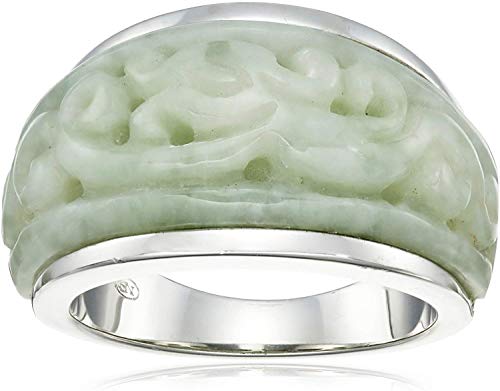 Sterling Silver Carved Genuine Green Jade Ring, Size 7