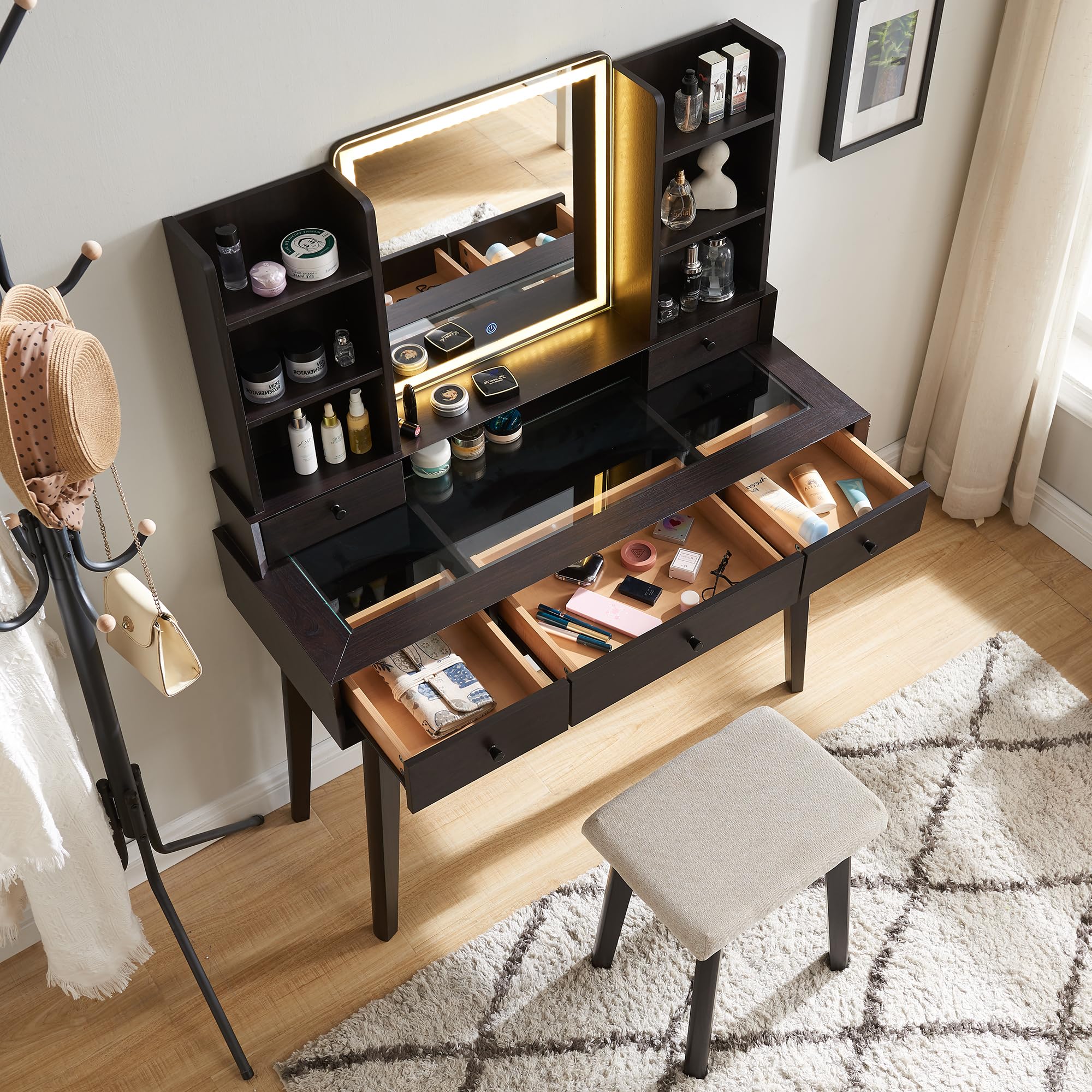 T4TREAM Vanity Desk with Mirror and Lights,Makeup Vanity Table Set with Visual Drawers,Cushioned Stool and 3 Color Lighting Modes,42 inch Dressing Table for Bedroom Women Girls,Espresso