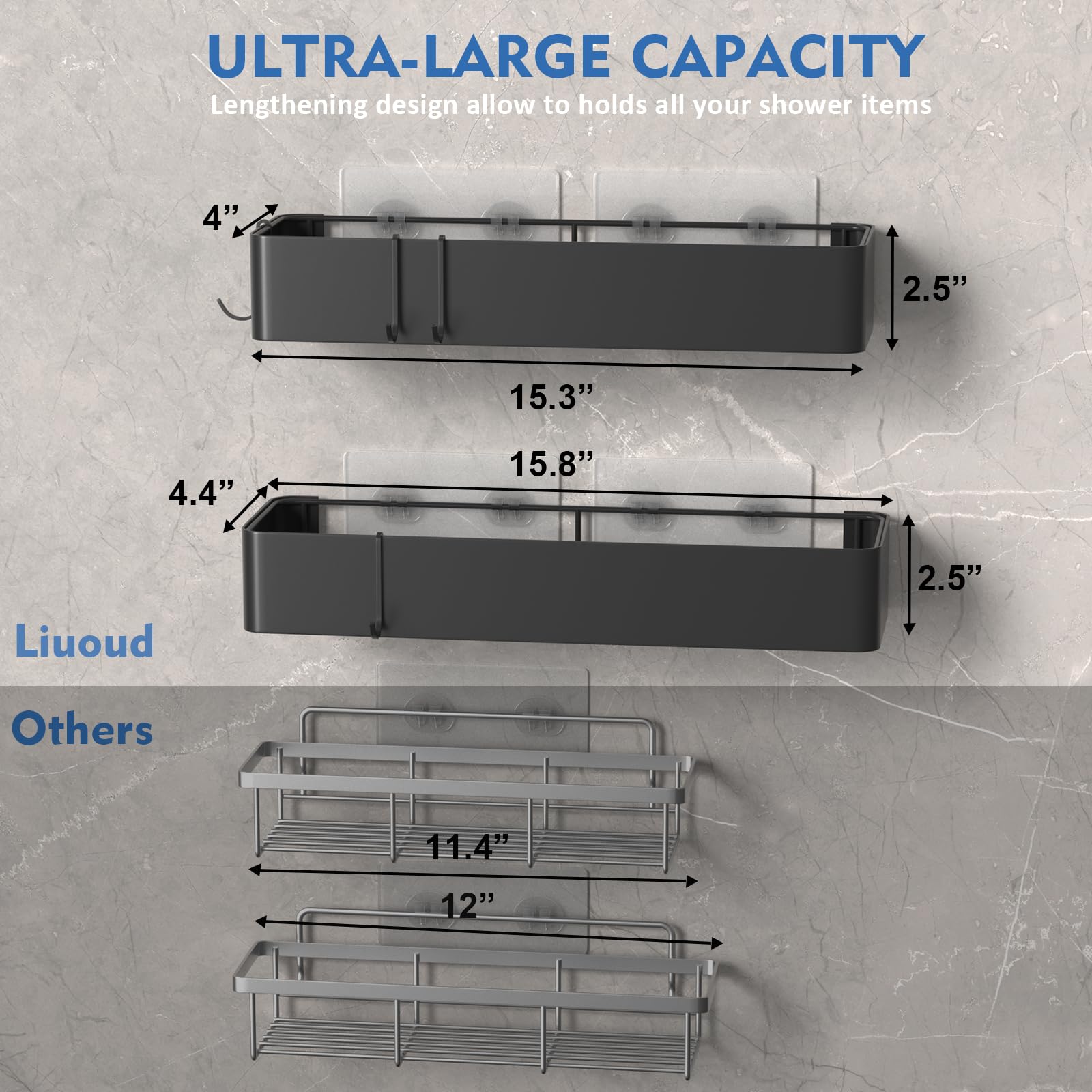 Shower Caddy-2 Pack Large Rustproof Stainless Steel Shower Shelves For Inside Shower, Self Adhesive Shower Organizer For Bathroom Wall Storage, Black Shower Rack, No Drilling Shower Shample Holder