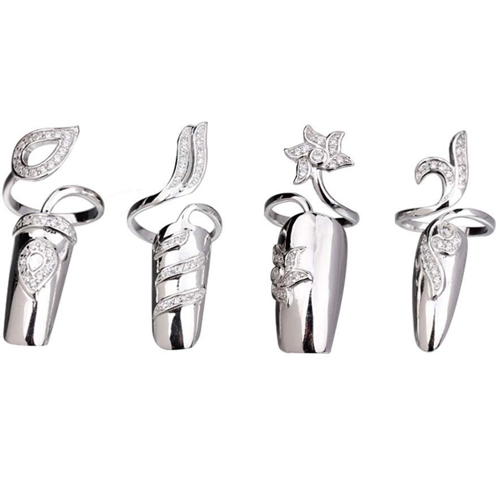 ZZ Lighting Creative Finger Tip Ring Sterling Silver Fingernail Ring Exquisite Nail Art Charms Fashion Accessories Nail Decoration Sterling Silver Nail Ring (A+B+C+D)