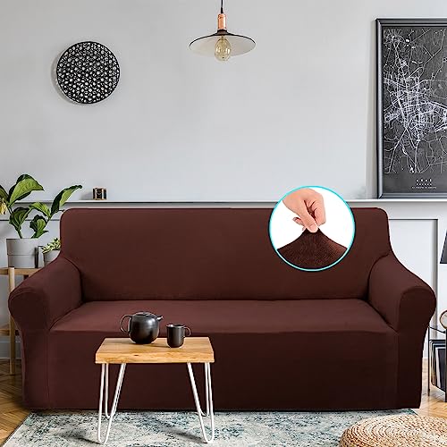 U-NICE HOME Velvet Sofa Covers Stretch Couch Covers for 3 Cushion Couch Furniture Protector Sofa Slipcover (Large, Chocolate)