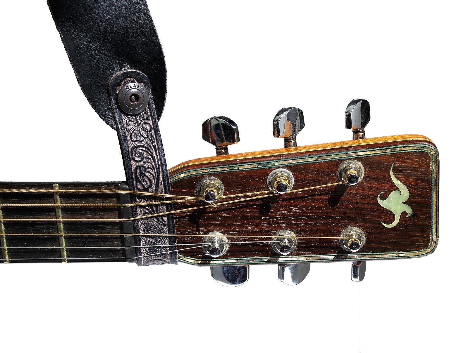 Walker & Williams AT-2 Black Carving Leather Acoustic Guitar Strap Button Headstock Adaptor For Acoustic, Electric, And Bass Guitars