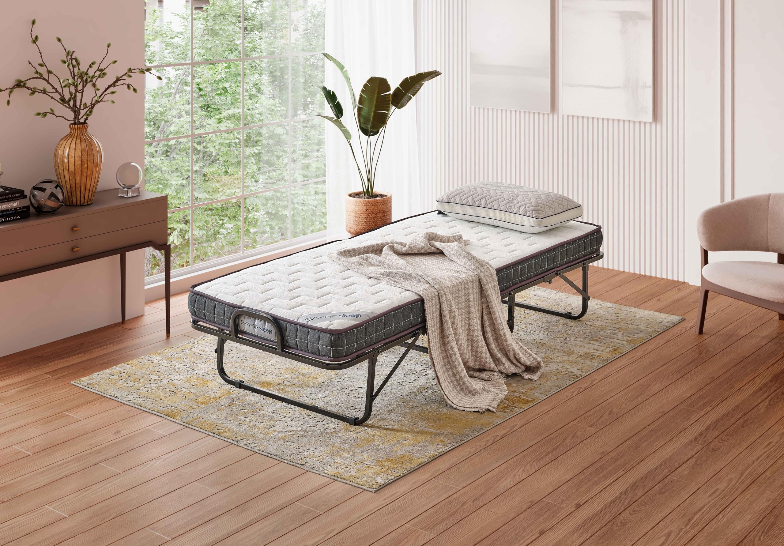 SAYRE SLEEP Folding Bed with Memory Foam Mattress - 75x38 Twin Size Bed Frame - Roll Away Adult Bed for Guest - Portable and Foldable - Strong Back Support- Easy Assemble