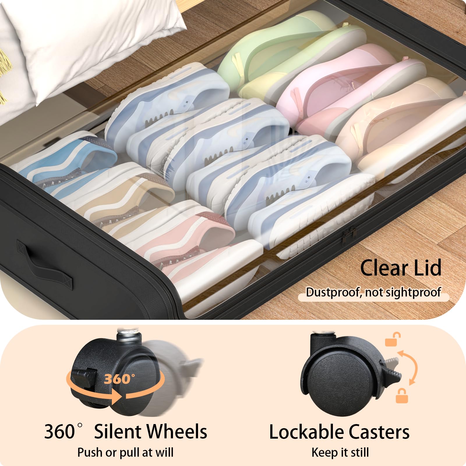 Under Bed Storage Drawers with Wheels and Lid - 48L×2 Pack Under Bed Shoe Storage Organizer - Large Under Bed Storage Bins for Dorm, Couch - Rolling Underbed Storage Containers - Elegant Black