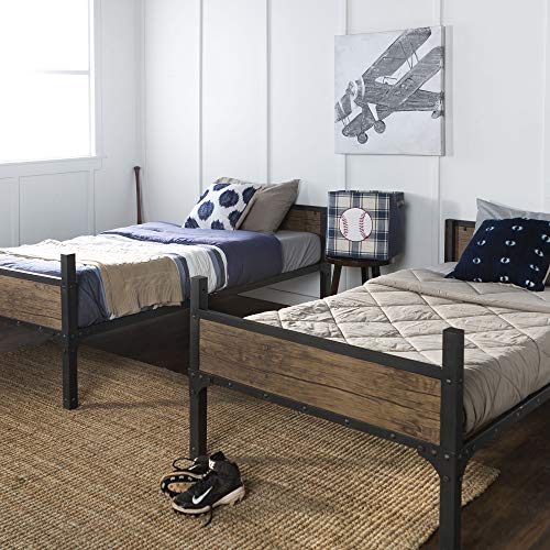 Walker Edison Rustic Wood and Metal Pipe Twin Over Twin Bunk Bed Bunk bed Kids Bed Bedroom Storage Guard Rail Ladder, Twin Over Twin, Marble