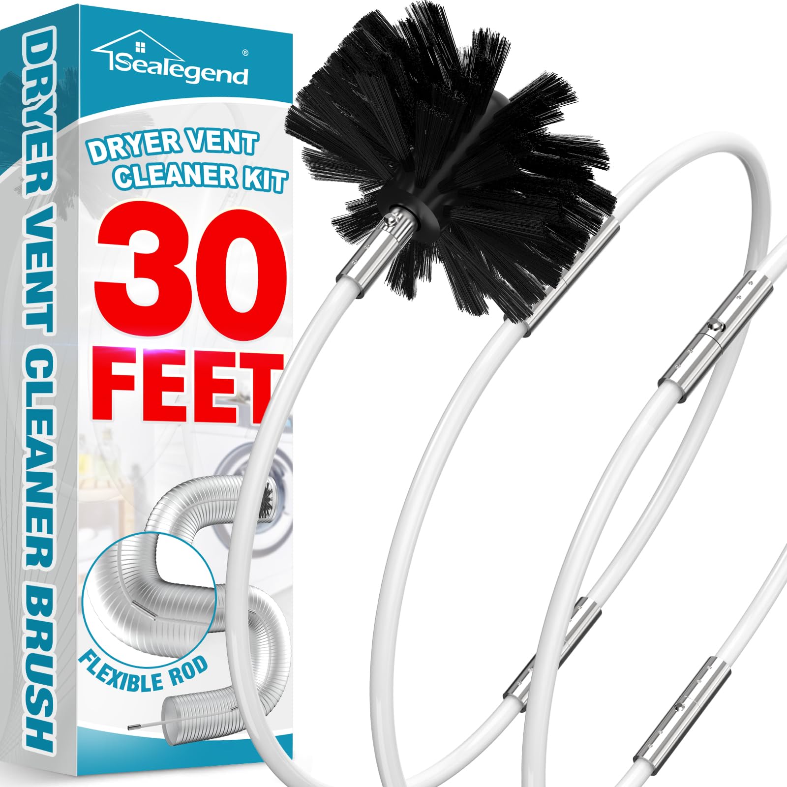 Sealegend 30 FEET Dryer Vent Cleaner Kit Flexible Quick Snap Brush with Drill Attachment Extend up to 30 FEET for Easy Cleaning Upgraded Dryer Vent Cleaning Kit Use With or Without a Power Drill