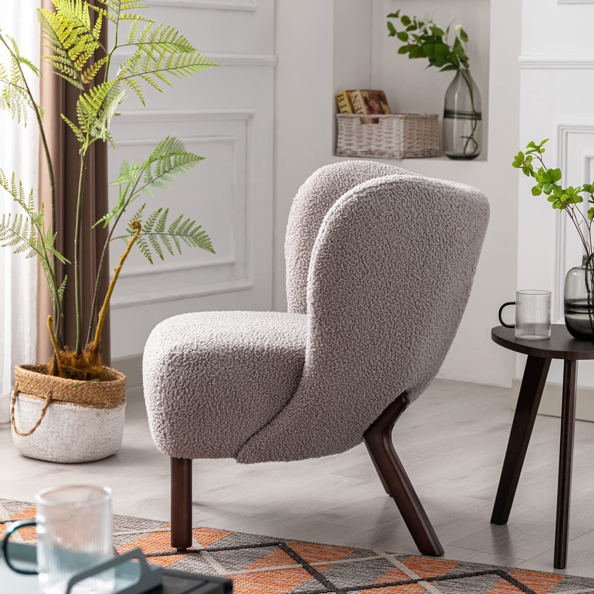 ViolaDresses Modern Accent Chair Lambskin Sherpa Wingback Tufted Side Chair with Solid Wood Legs for Living Room Bedroom,Warm Grey