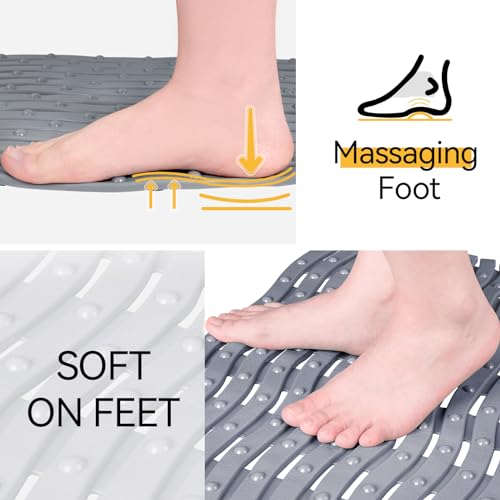 SUMLANS Foldable Non Slip Bath Mat, Bath Tub Mat Non Slip, Safe Soft Shower Mat with Strong Grip Suction Cups and Drain Holes, Clean Machine Washable for Bathroom, Wavy 16 x 27 in (Gray)