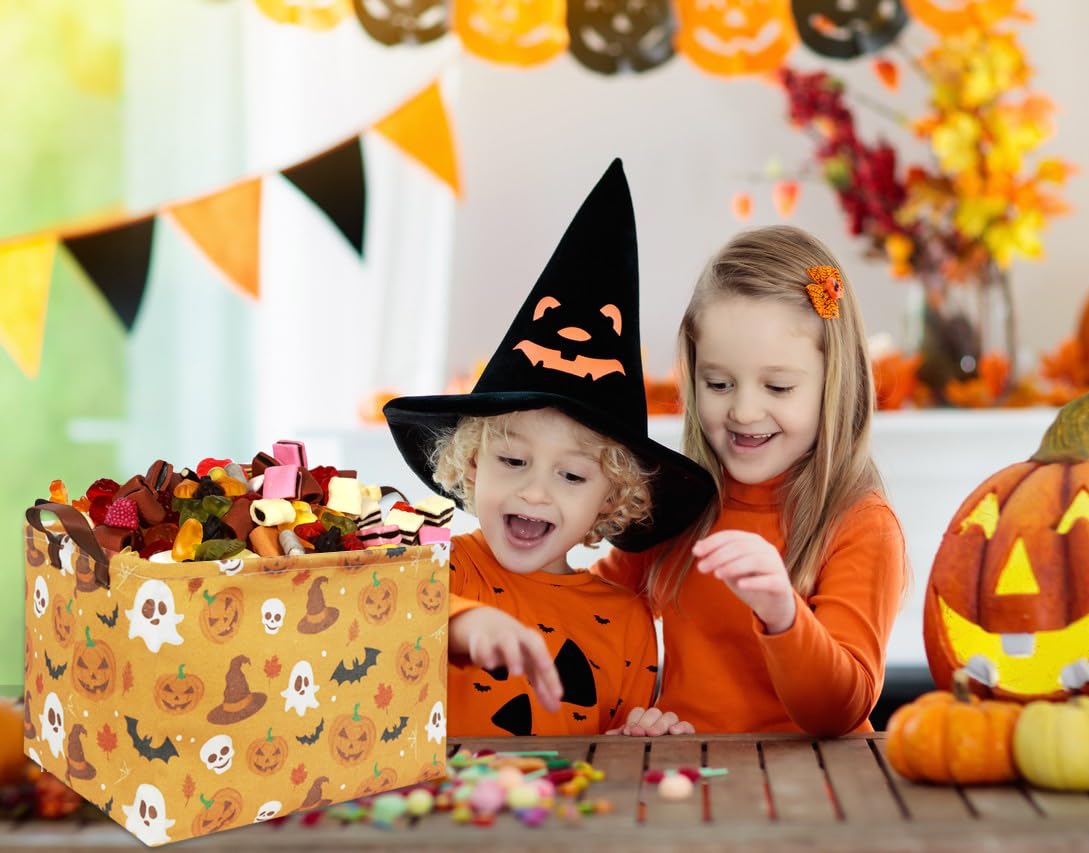 TIBAOLOVER Halloween Basket Cute Halloween Baskets for Kids Skull Pumpkin Basket Rectangular Toy Storage Bin Organizer Box Room Decor for Halloween Parties(Halloween Basket)