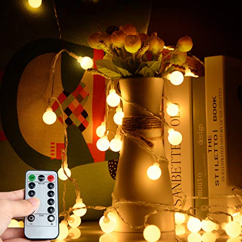 Yugust Globe String Lights, 17ft Battery Operated Remote Control Warm White LED Fairy Wall Lights with 8 Lighting Modes for Wedding Party Home Garden Decoration