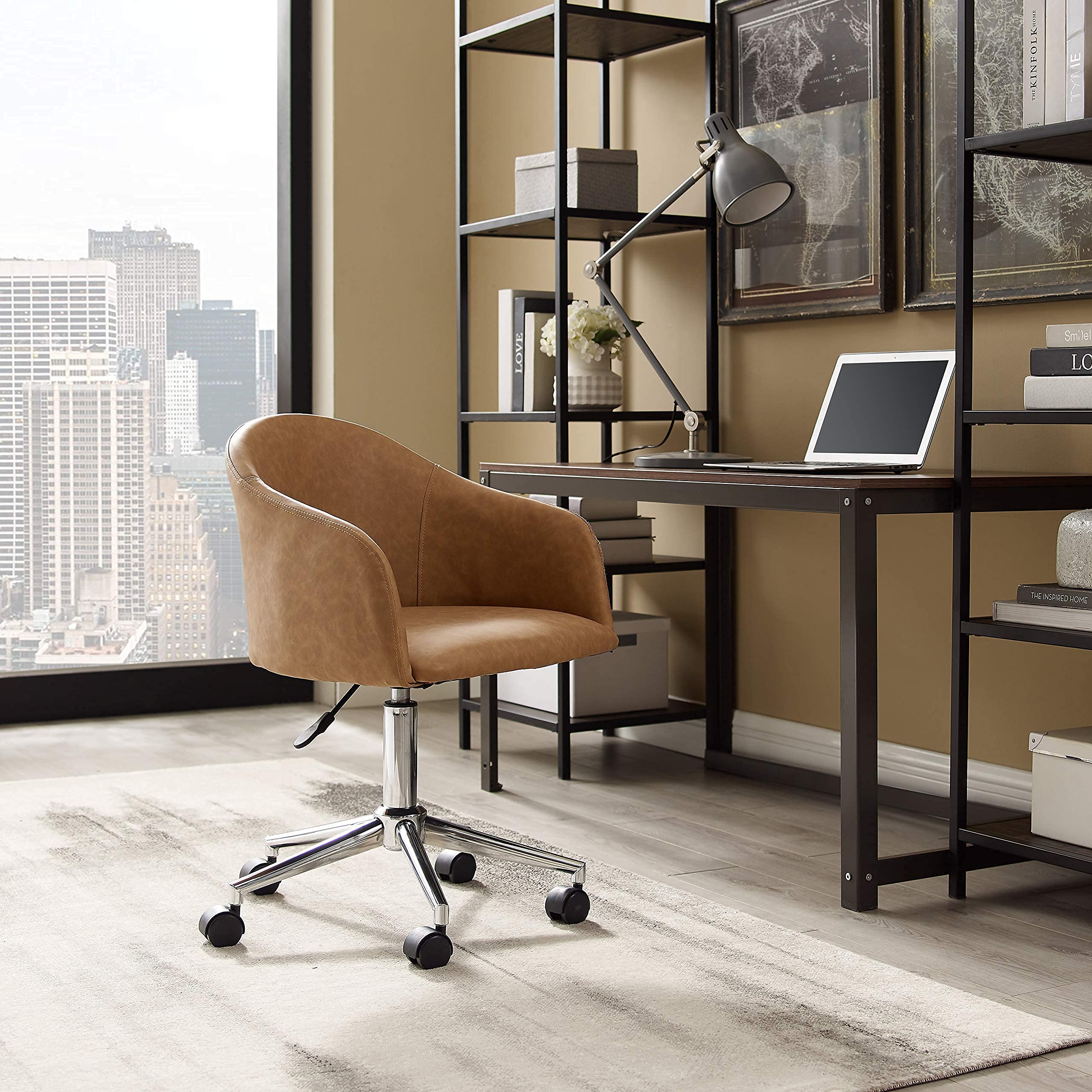 Volans Office Home Chair, Modern PU Leather Height-Adjustable Swivel Computer Desk Chair with Wheels, Brown