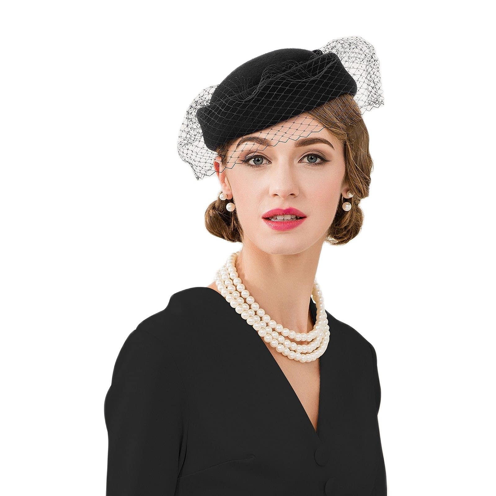 TS Fascinator Hats for Women Pillbox Hat with Veil Headpiece for Tea Party Cocktail Wedding Prom Special Occasion(1pc/Black)