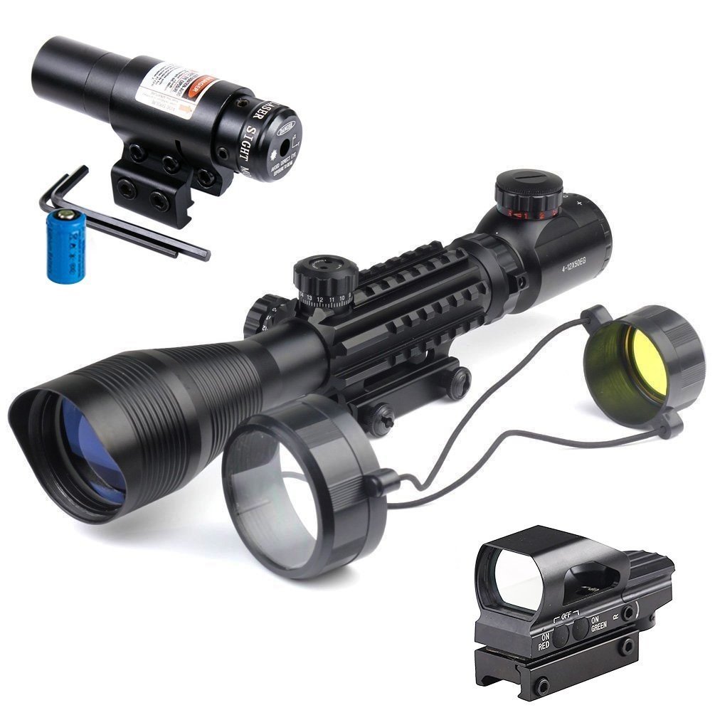 THEA C4-12X50 Scope Dual Illuminated Reticle w/Green Laser Sight and 4 Tactical Holographic Dot Reflex Sight (12 Month Warranty) (Green)