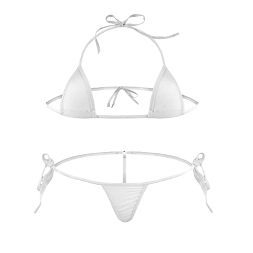 Women Sexy Halter Neck Swimsuit Small Bar with Adjustable G-String Throng Micro Mini Bikini Set 2 Pieces-White