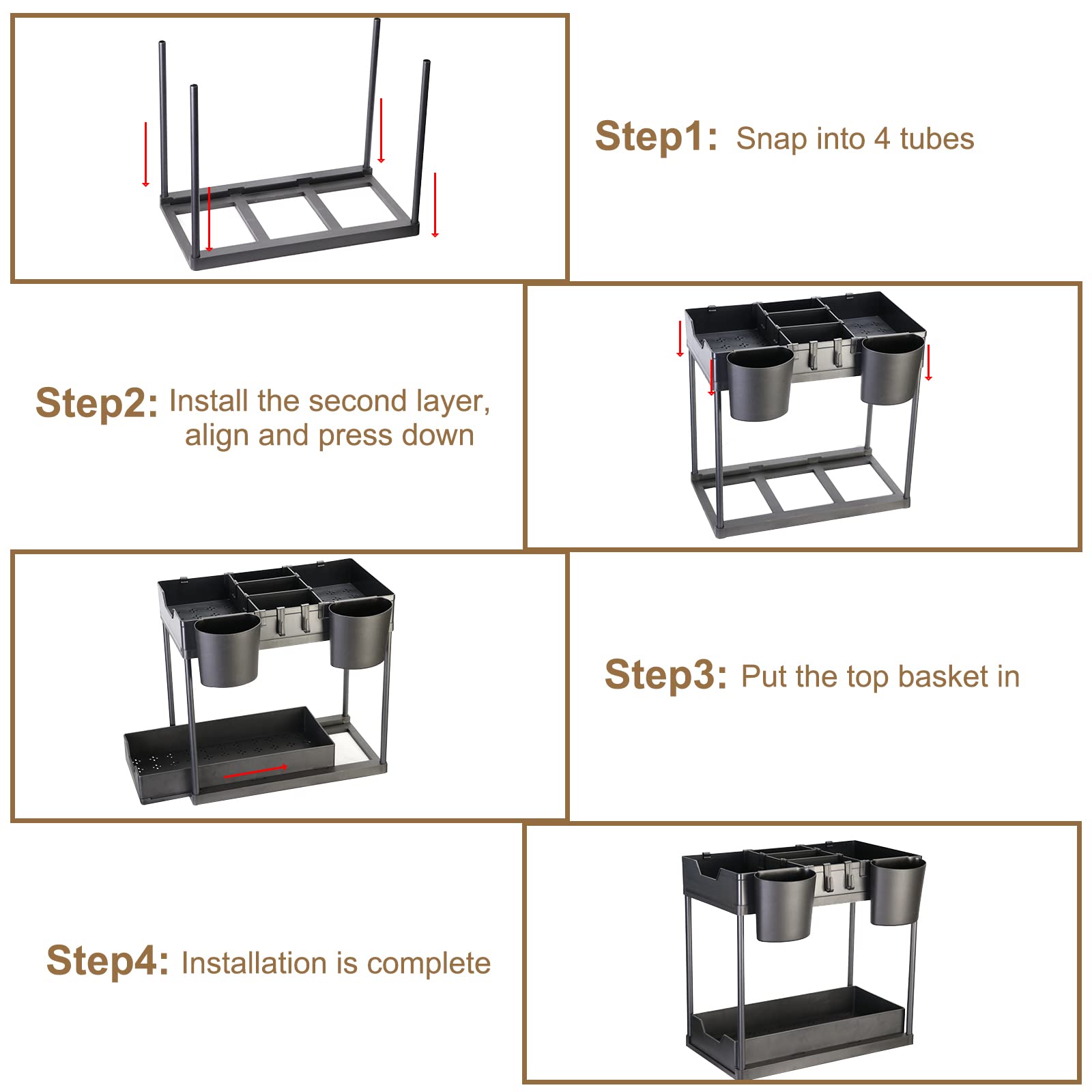 Under Sink Organizers and Storage - 2 Tier Sliding Bathroom Organizer Kitchen Cabinet Basket Storage Shelf with 4 Hooks and 2 Hanging Cups for Home Storage