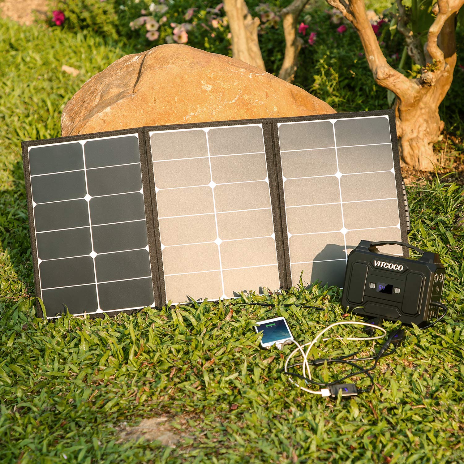 VITCOCO 63W Solar Charger Solar Panel, with 3 USB Port 2 DC Port Portable Foldable Waterproof Solar Charger Camping for Laptop Tablet, iPhone, iPad, Drone, Camera and All USB Devices