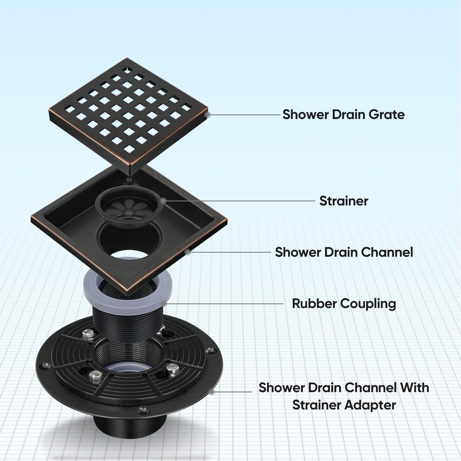 TICONN 4'' Square Floor Shower Drain, Lattice Square Perforated Pattern Easy Cleaning Removable Grate, Rustproof SUS 304 Stainless Steel (Oil Rubbed Bronze, 4'')