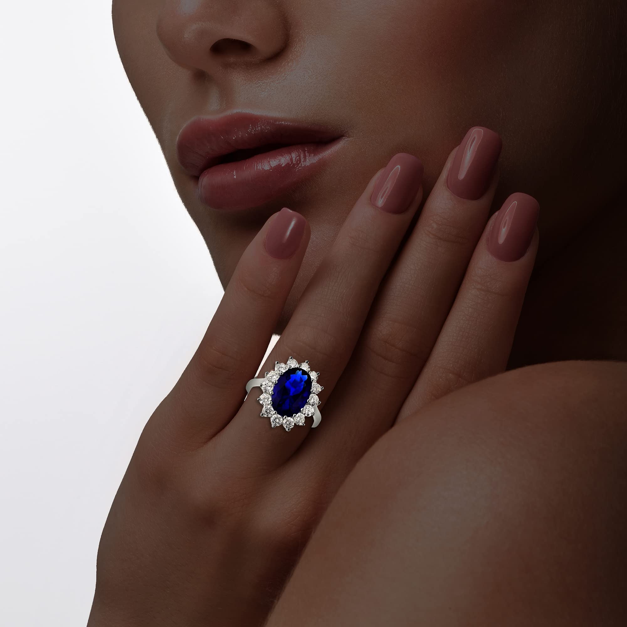 Sterling Silver Large Oval Created Blue Sapphire and Clear Cubic Zirconia Statement Bridal Engagement Princess Diana/Kate Middleton Royal Ring