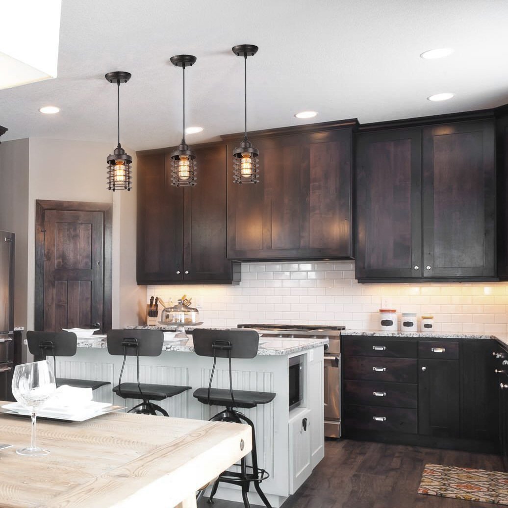 WINSOON 3 Pack Pendant Light Fixture Industrial Rustic Metal Cage Hanging Kitchen Island Lighting Shade for Farmhouse Dining Room Black Ceiling Lamp