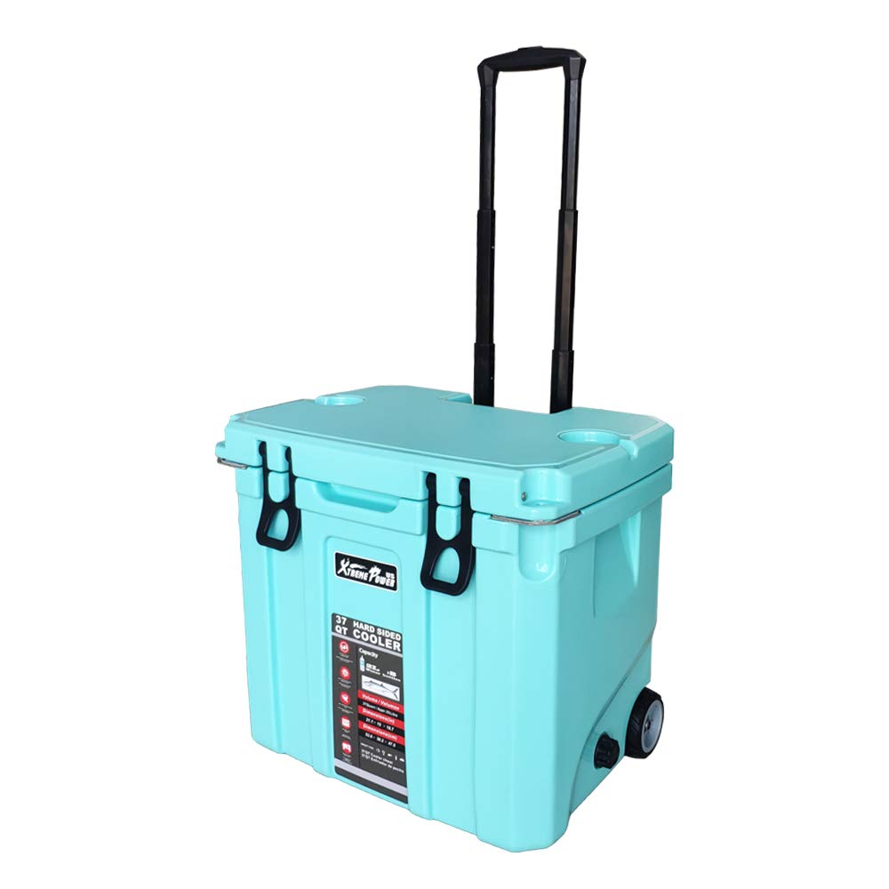 XtremepowerUS Portable 37 Quart Insulated Ice Chest Cooler Roto-Molded Bottle Opener Adjustble Telescoping Handles with Wheels, Aqua