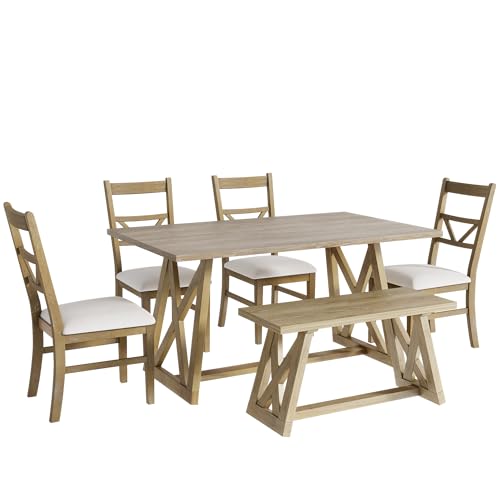 WOXYX Farmhouse 6-Piece Dining Table Cross Legs, Kitchen-Set & 4 Upholstered Chairs and Solid Wood Bench,Natural