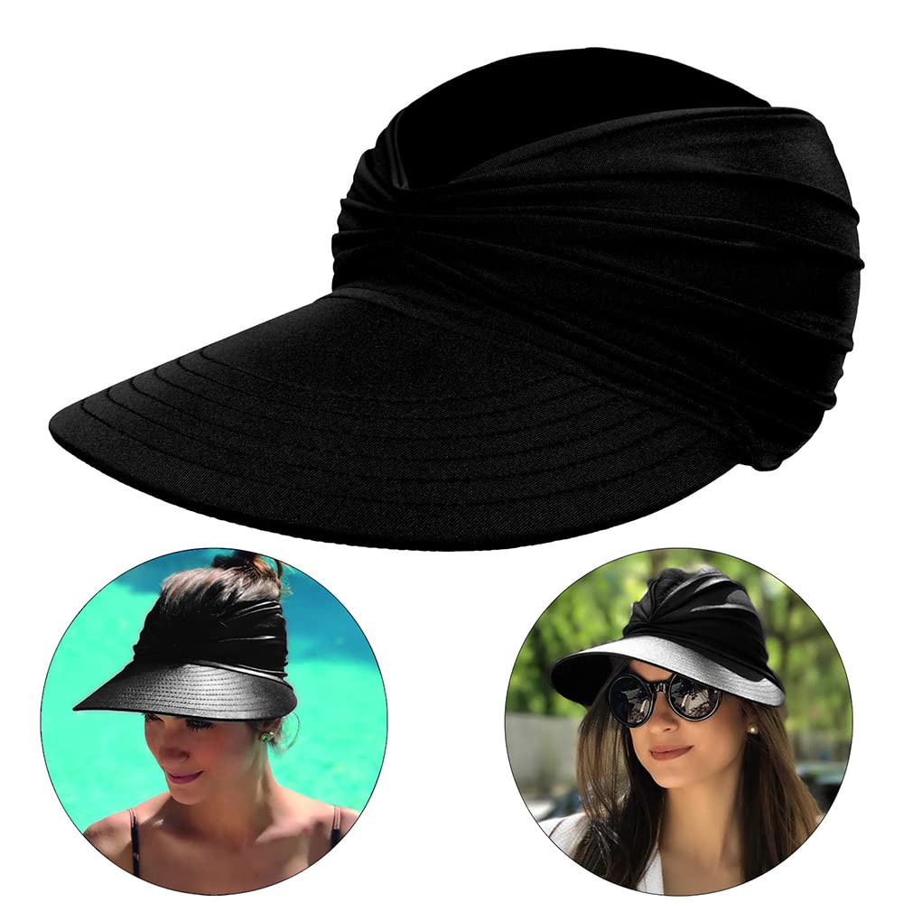 Women Visor Ponytail Sun Hat UPF 50+ UV Protection Wide Brim Beach Cap Summer Hat Outdoor(Black)