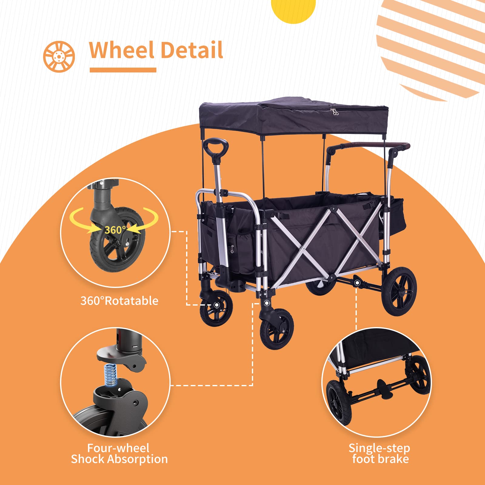 Stroller Wagon for 2 Kids, Wagon Cart Featuring 2 Seat with 5-Point Harnesses and Adjustable Canopy, Foldable Push-Pull Rod Wagon Stroller for Garden, Stroller, Camping, Grocery Cart (Black)