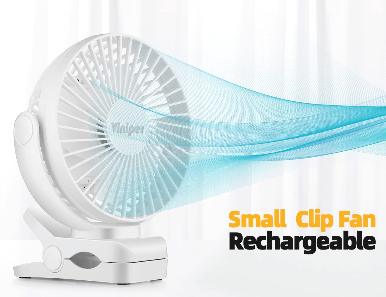 Viniper 6 inch Rechargeable Clip on Fan, 5000mah Battery Desk Fan : 360° Rotation & 3 Speeds Strong Wind Portable Fan, 8-30 Working Hours, Quiet and Powerful (White)