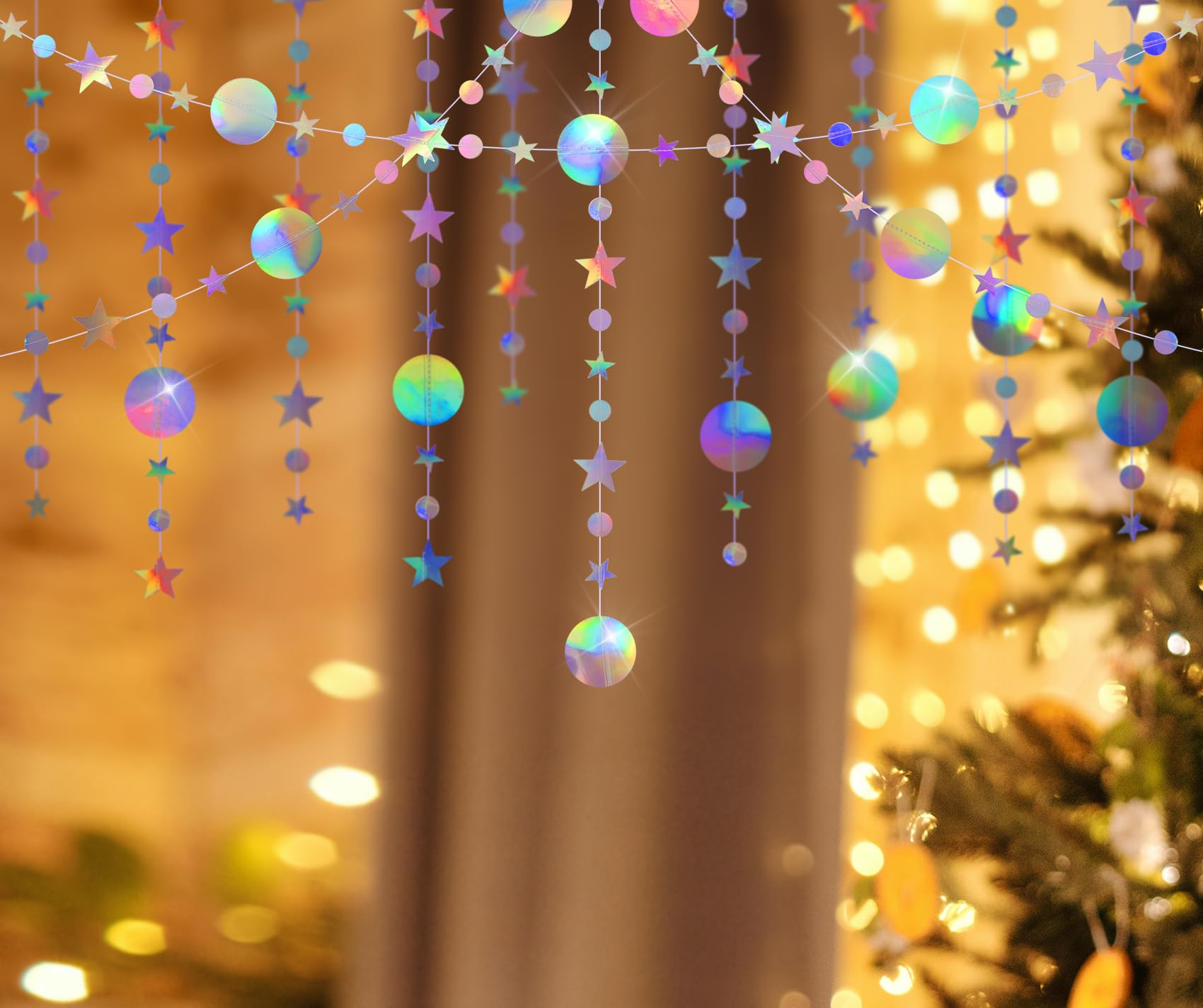 UNICORN ELEMENT Iridescent Birthday Decorations with Happy Birthday Banners, Iridescent Aluminum Foil Balloons, Hexagonal Star Round Ornaments, Sparkly Circle Garlands Hanging and Party Tablecloth for Birthday Party Supplies
