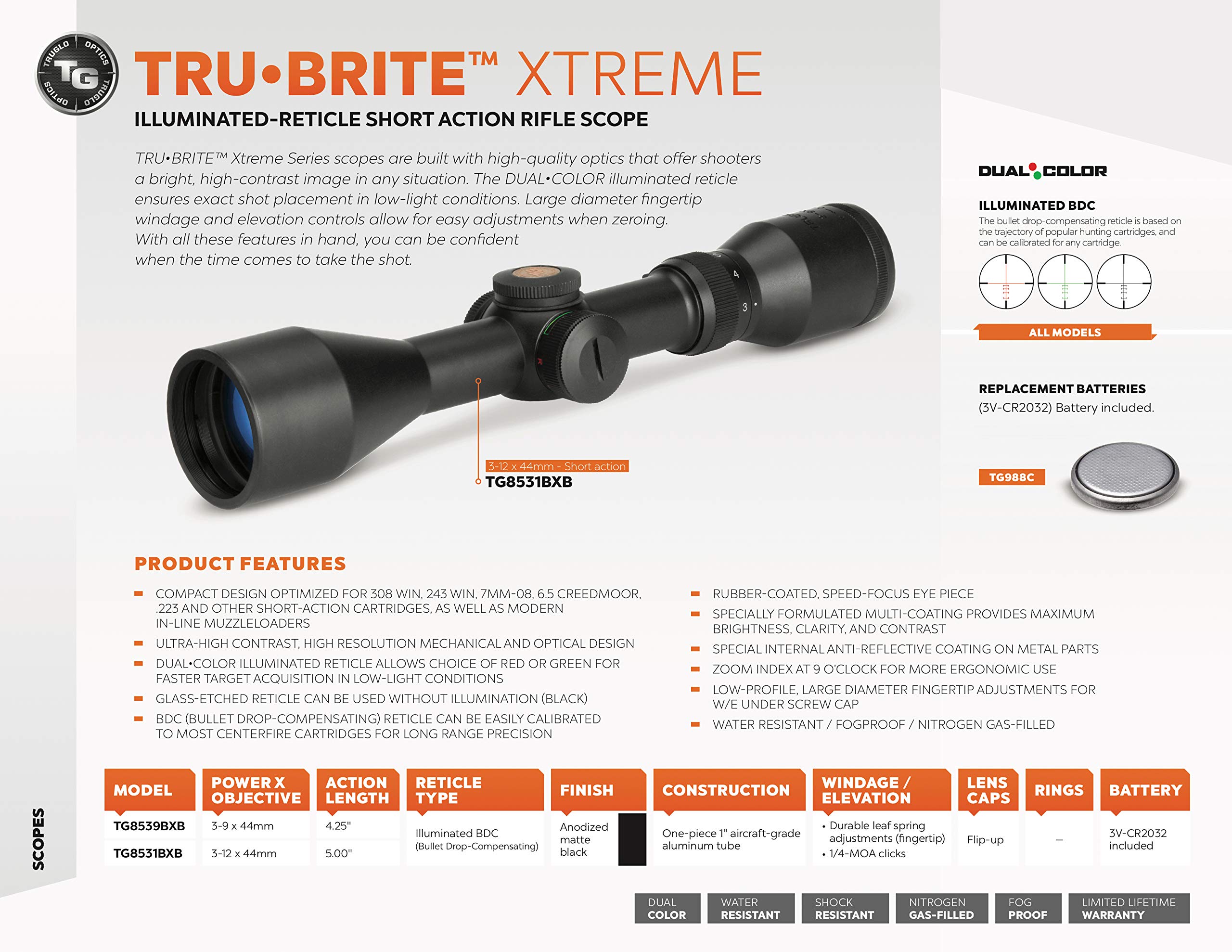 TRUGLO TruBrite XTREME Illuminated-Reticle Short Action Rifle Scope, 3-9 x 44mm