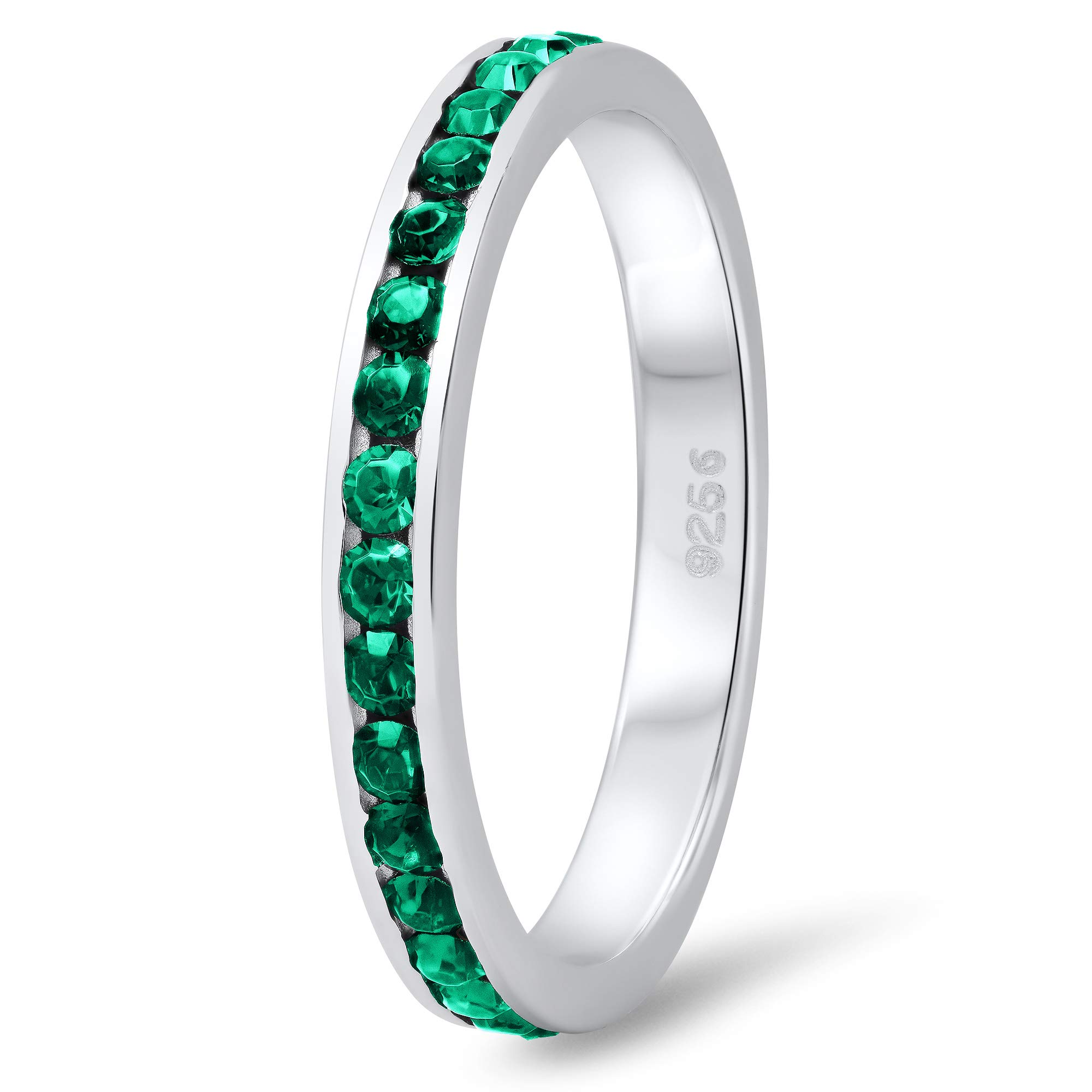 Sterling Silver Italian Crafted 3mm Simulated Emerald Green CZ Eternity Band, Size 5 + Cleaning Cloth