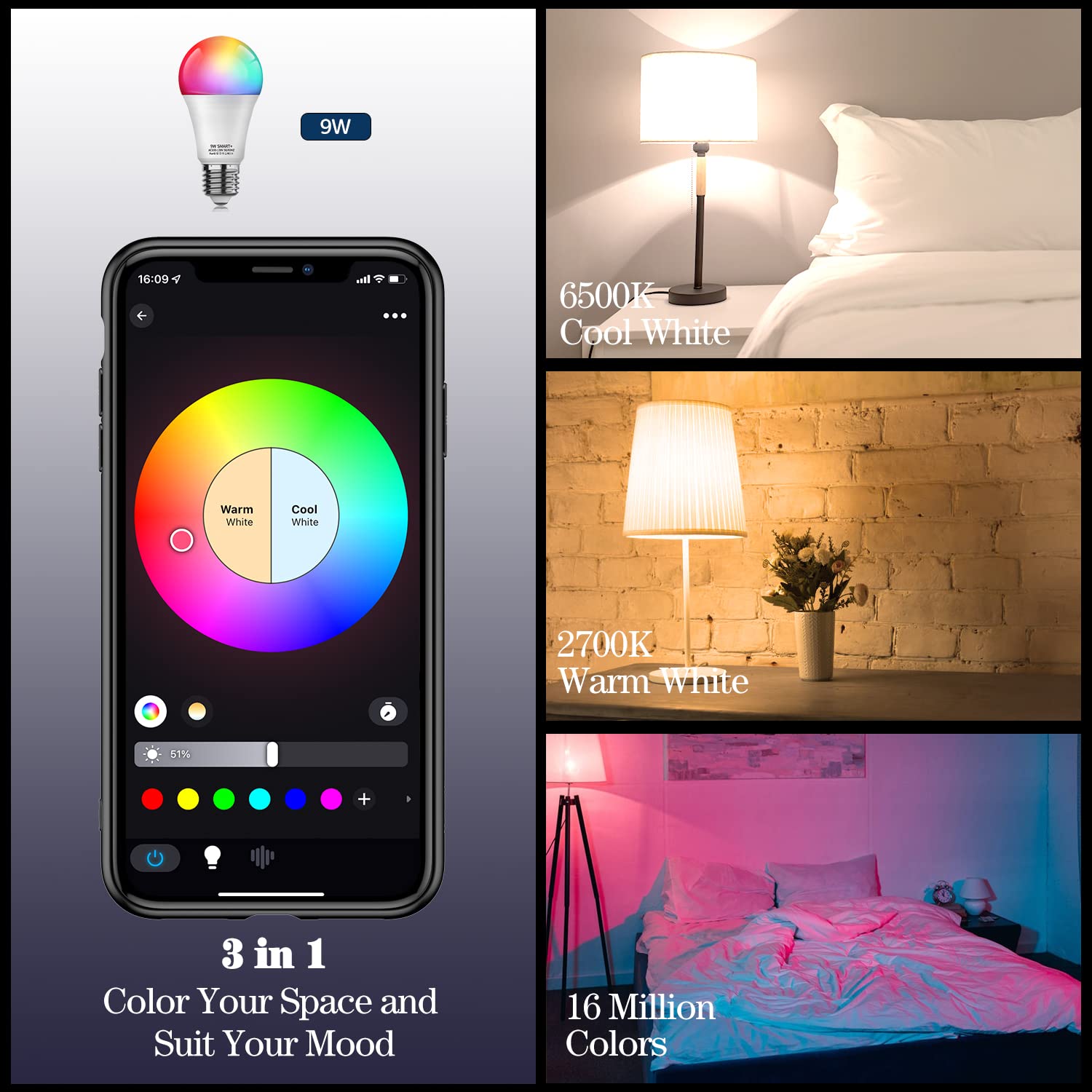 Smart Light Bulbs Alexa Color Changing LED Bulb with Remote, WiFi Smart Bulbs Dimmable A19 E26 9w (80W Equivalent), Support Bluetooth, Work with Alexa Google Home Siri Shortcut, No Hub Required 3 Pack