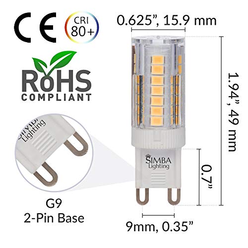 Simba Lighting G9 LED Light Bulb (5 Pack) 4W T4 40W Halogen Replacement for Pendants, Ceiling Lights, Desk Lamp, Wall Sconce, 120V JCD Bi-Pin Base Non-Dimmable, 3000K Soft White