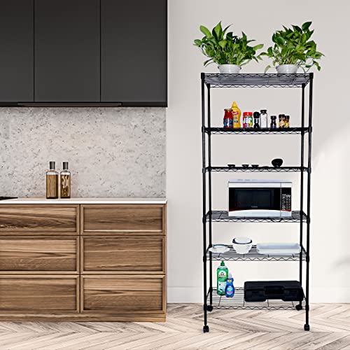 Simple Deluxe Heavy Duty 6-Shelf Shelving with Wheels, Wire Shelving with Hanging Hooks, Adjustable Storage Units, 29.92'' D x 13.98'' W x 71.65' H, 6 Tier, Black