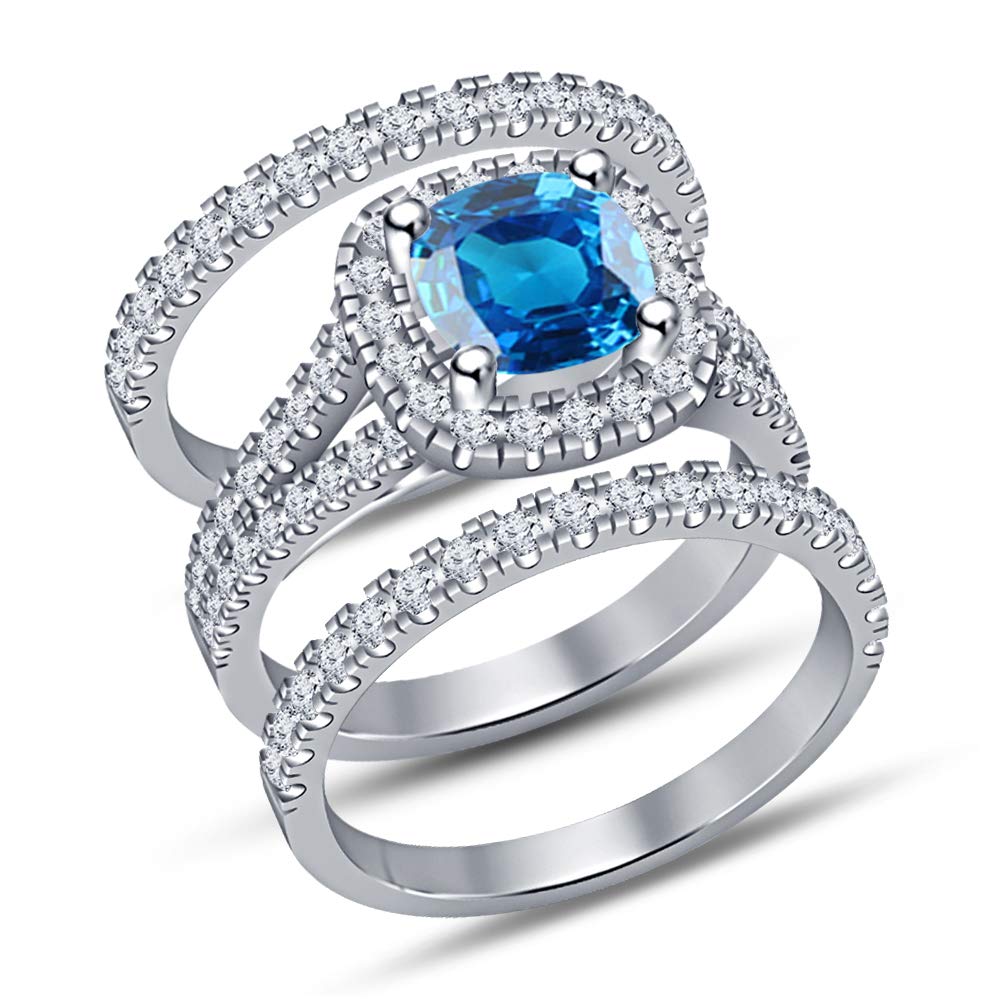 TVS-JEWELS 3pc Cushion Blue Topaz with Round Cubic Zirconia Wedding Engagement Set Bridal Rings 925 Sterling Silver (10)