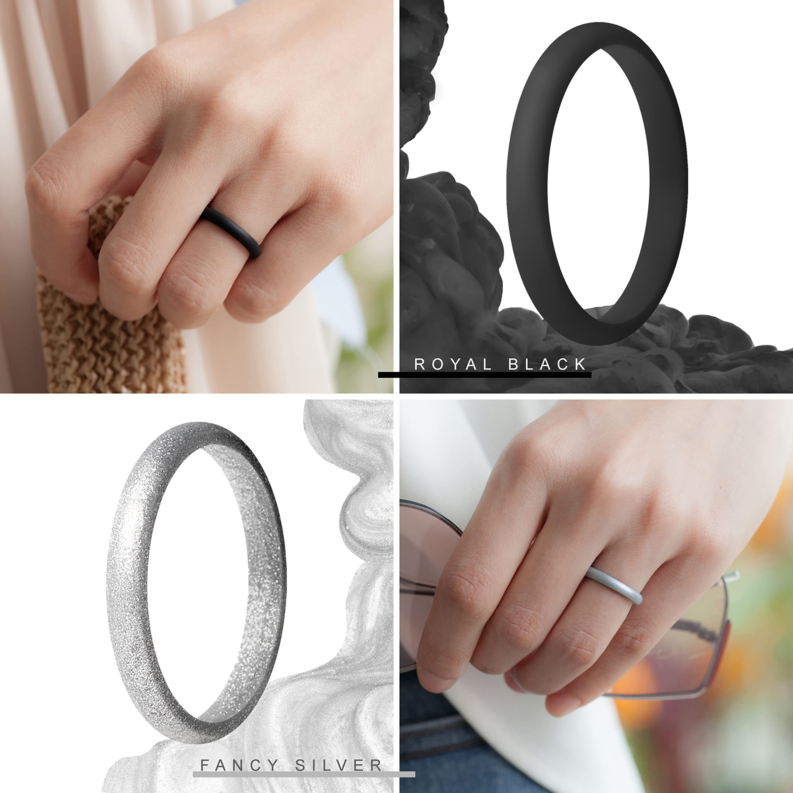 ThunderFit Stackable Silicone Wedding Rings for Women, Thin Rubber Engagement Bands 2.5mm Wide 1.8mm Thick - 1/2/3/4/5/7 Variety Multipack
