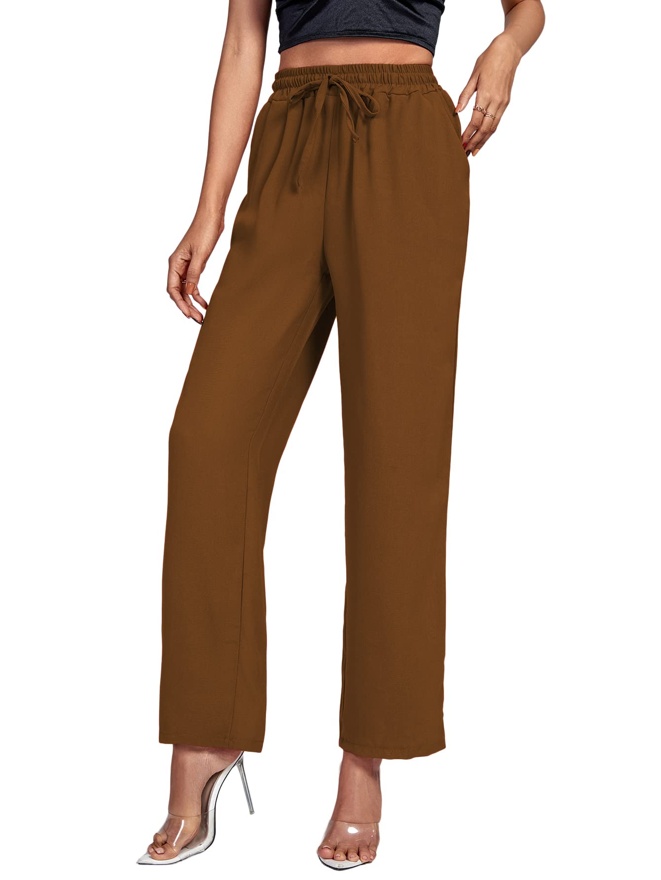 Umenlele Women's Casual Drawstring Elastic High Waist Pants Sport Yoga Jogger Trousers with Pockets Brown Large
