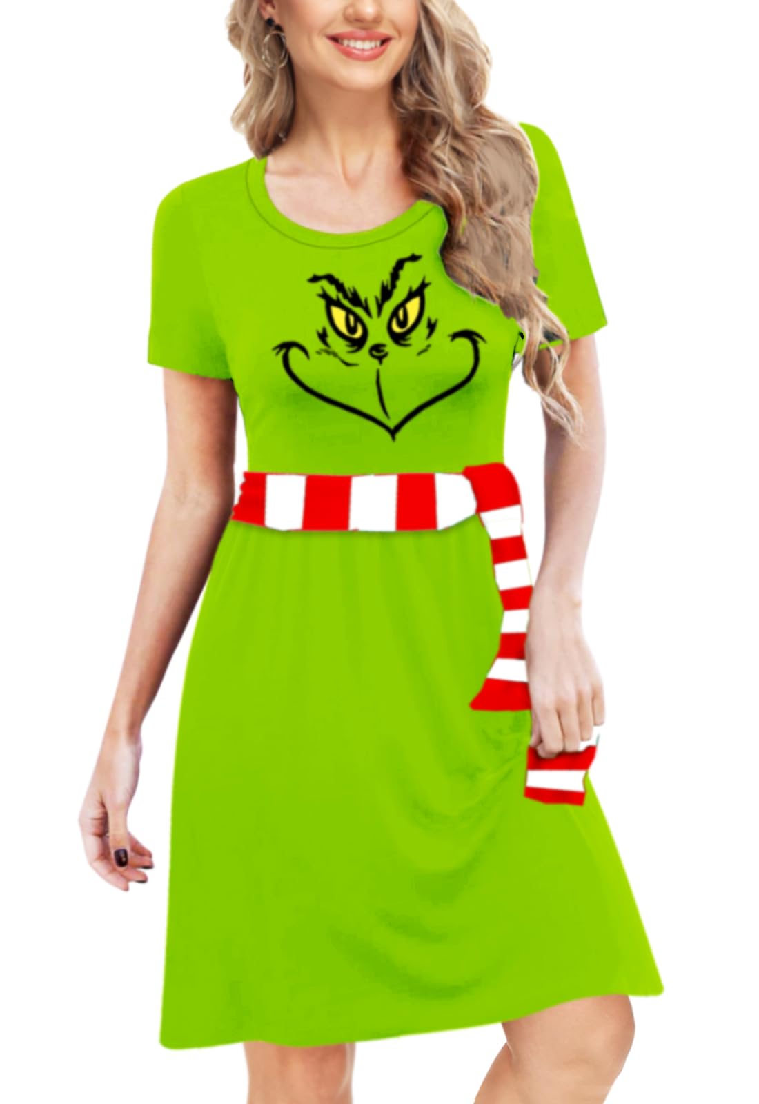 Women's Green Monster Dresses Ugly Christmas Costume Short Sleeve Casual Swing Dresses 2XL